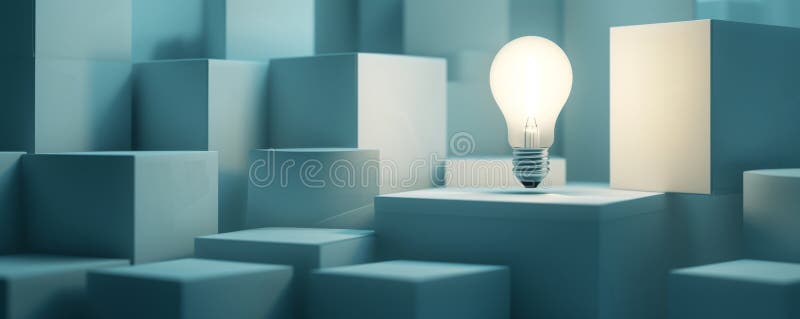 Glowing Light Bulb among Geometric White Cubes, Minimalist Concept ...