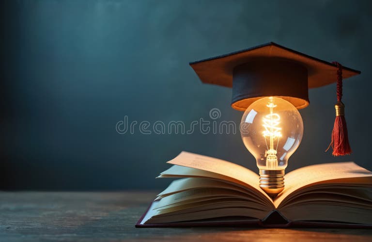 Glowing Light Bulb in Graduation Cap on Open Book. Education, Learning ...