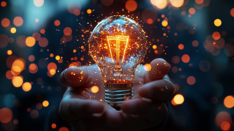 Glowing Light Bulb in Hand with Magical Bokeh Lights Stock Photo ...