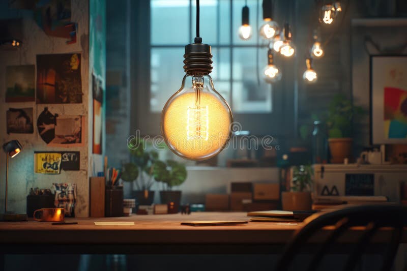 A Glowing Light Bulb Hanging Over a Desk Stock Illustration ...