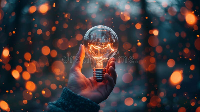 A Glowing Light Bulb is Held Aloft, Casting Warm Light in a Tranquil ...