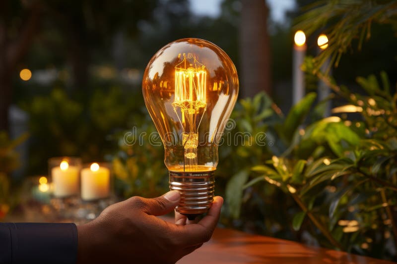 Glowing Light Bulb Held in Hand with Blurred Background of Foliage and ...