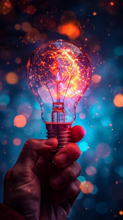 Glowing Light Bulb Held in Hand, Radiating Vibrant Colors and Sparkles ...