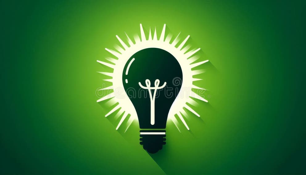 Glowing Light Bulb Icon with Sharp Rays on Green Background, Flat Style ...