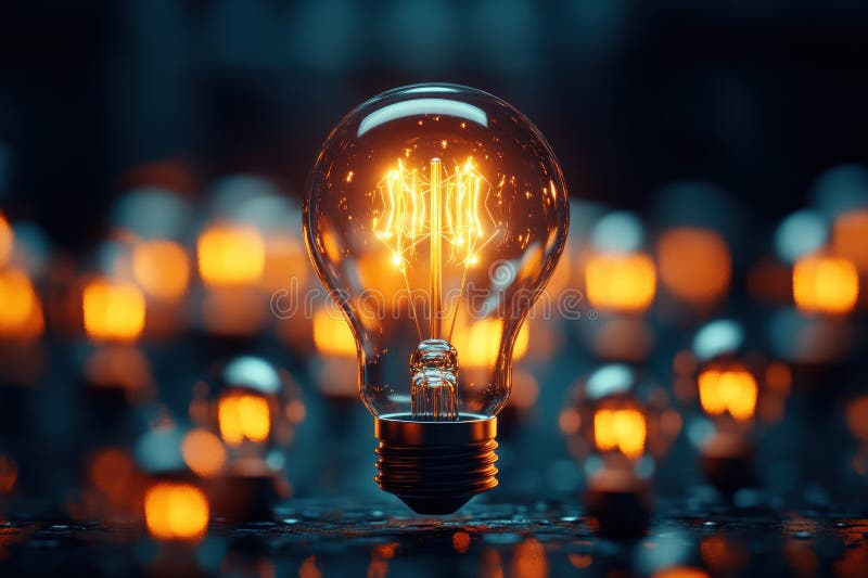 A Glowing Light Bulb Illuminates Dark Background, Surrounded by Smaller ...