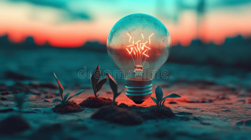 A Glowing Light Bulb Illuminates Small Plants at Sunset, Symbolizing ...