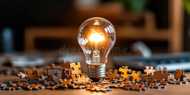 Glowing Light Bulb Illuminating Puzzle Pieces, Finding Solutions and ...