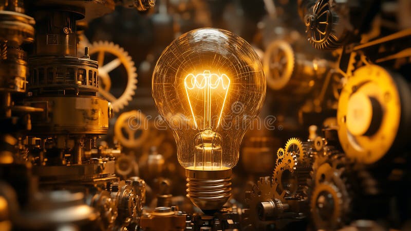 Glowing Light Bulb among Industrial Machinery Gears Stock Illustration ...