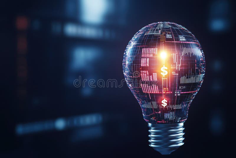 Glowing Light Bulb Made of Financial Graphs and Dollar Signs Stock ...