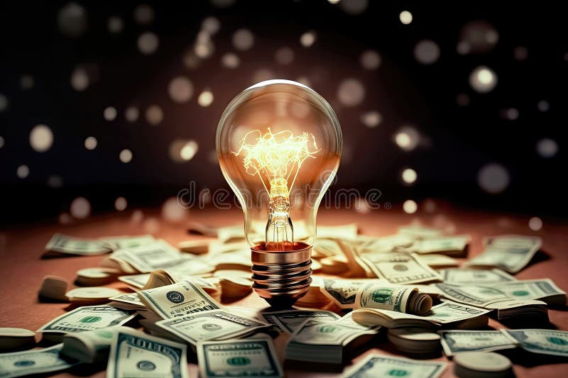 Glowing Light Bulb among Money Banknotes - Business and Money Making ...