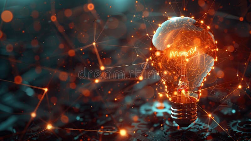 Glowing Light Bulb with Network Connections and Gears Stock ...