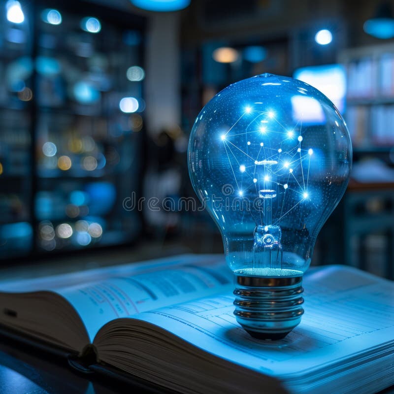 Glowing Light Bulb on Open Book with Blue Light Rays Stock Image ...