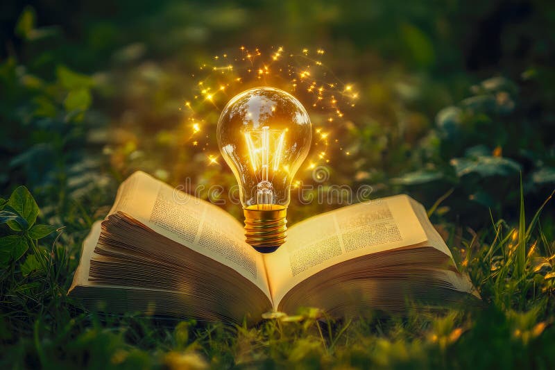 A Glowing Light Bulb with Open Book on a Grass. Working, Studying or ...