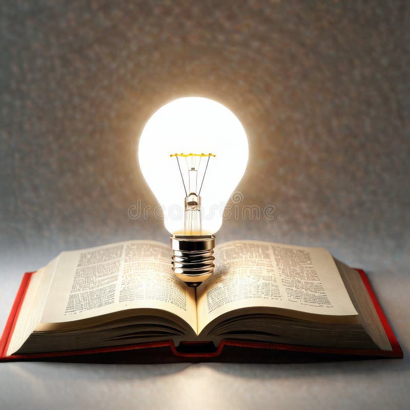 Glowing Light Bulb on Open Book, Knowledge and Ideas Stock Photo ...