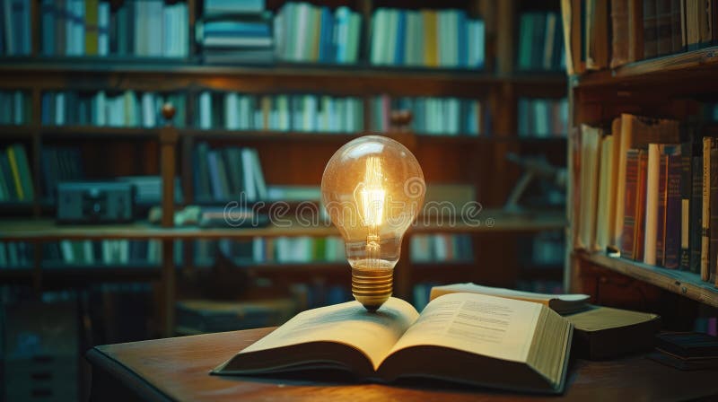 Glowing Light Bulb on the Open Book at Library. Self-learning, and ...