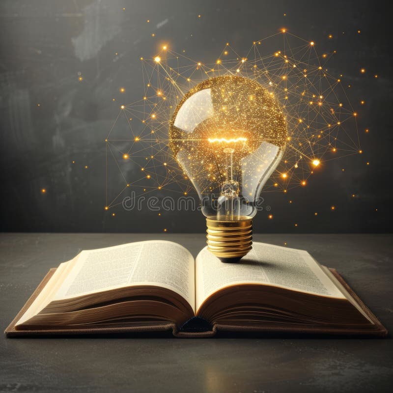 Glowing Light Bulb Over Open Book on Dark Background Stock Photo ...