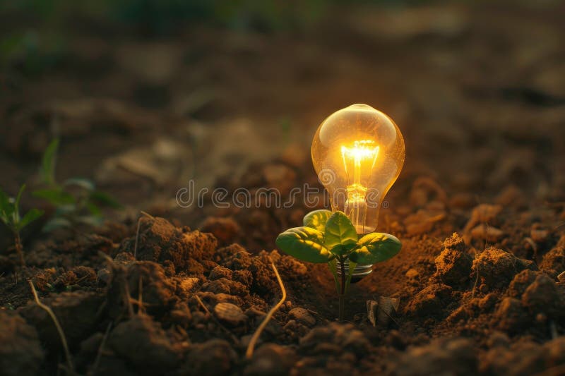Glowing Light Bulb Over Young Plant in Soil at Sunset Stock ...
