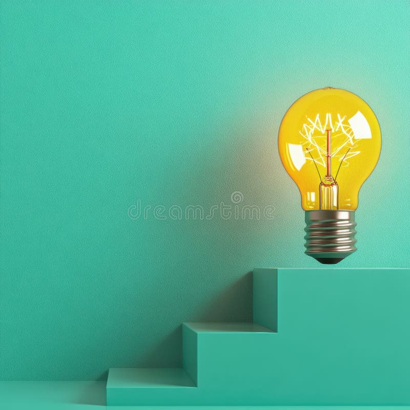 A Glowing Light Bulb Placed on Teal Steps Symbolizes Innovation, the ...