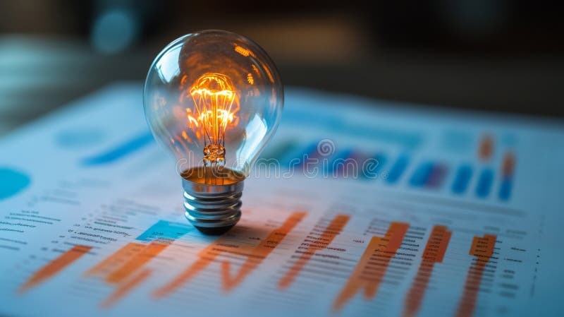 A Glowing Light Bulb Rests on a Data Sheet with Charts and Graphs Stock ...