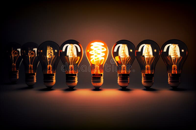 Glowing Light Bulb in a Row of Extinct. AI Generated Stock Illustration ...