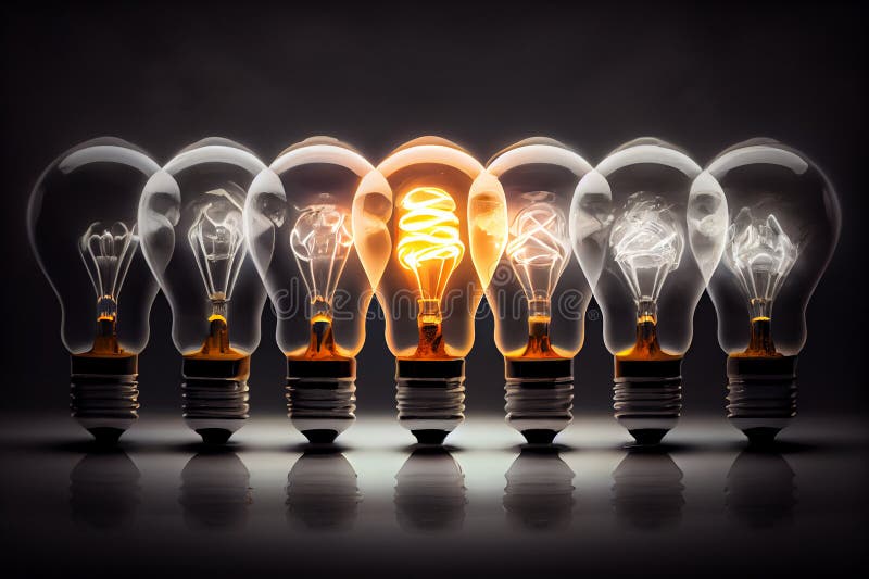Glowing Light Bulb in a Row of Extinct. AI Generated Stock Illustration ...