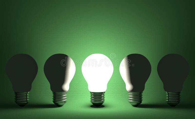 Glowing Light Bulb in Row of Switched Off Ones on Green. Front View ...