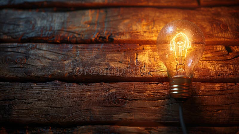 Glowing Light Bulb on Rustic Wooden Surface at Evening Stock Photo ...