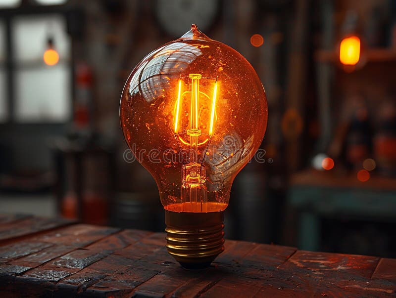 Glowing Light Bulb on Rustic Wooden Surface Stock Illustration ...