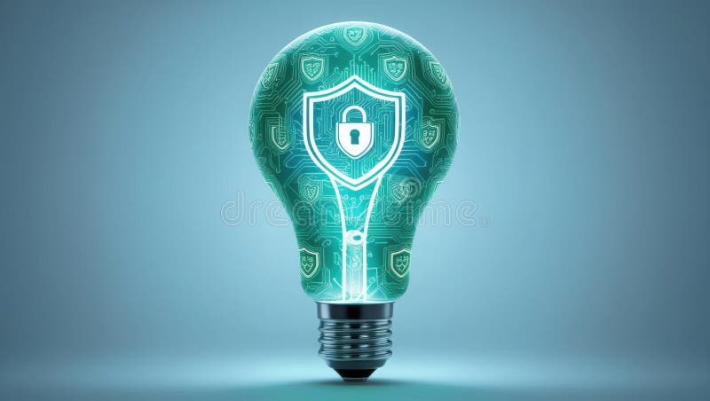 Glowing Light Bulb with a Shield and Lock Design, Symbolizing Security ...