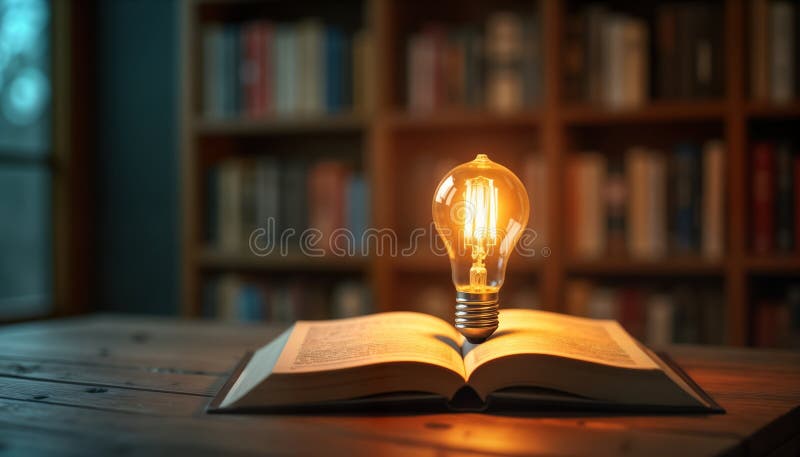 Glowing Light Bulb Sits Above Open Book. Library Background Suggests ...