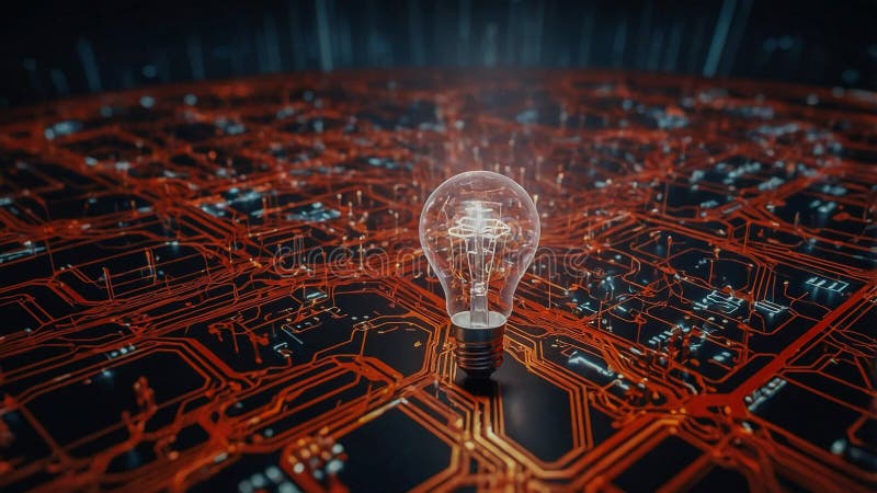 Illuminated Bulb on Futuristic Circuit Board Stock Illustration ...