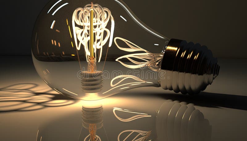 A Glowing Light Bulb Sitting on Top of a Reflective Surface with a ...