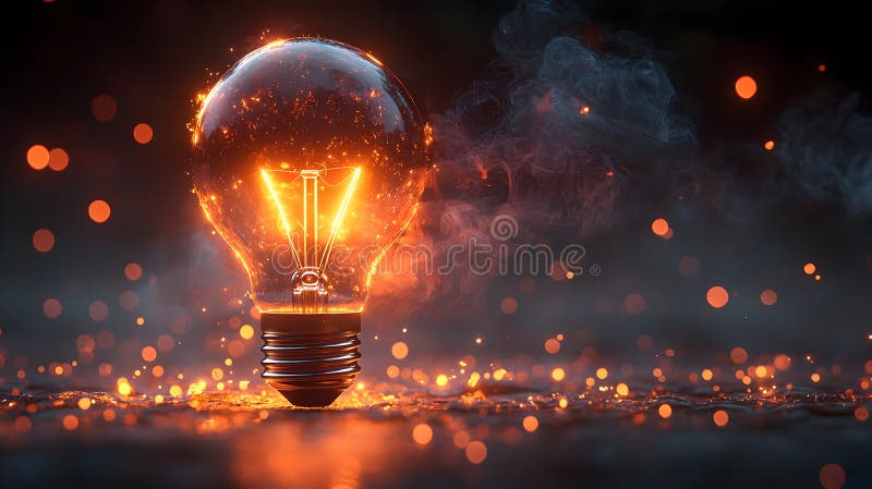 Glowing Light Bulb with Sparkling Particles on Dark Background Stock ...