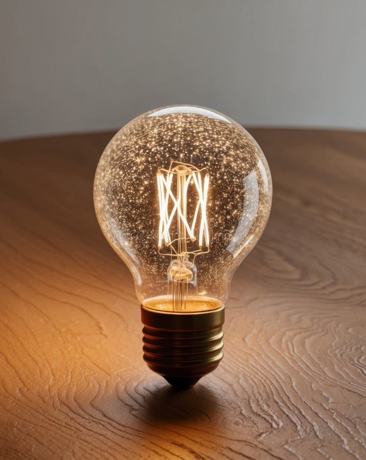 A Glowing Light Bulb with a Sparkly Interior on a Wooden Surface. Stock ...