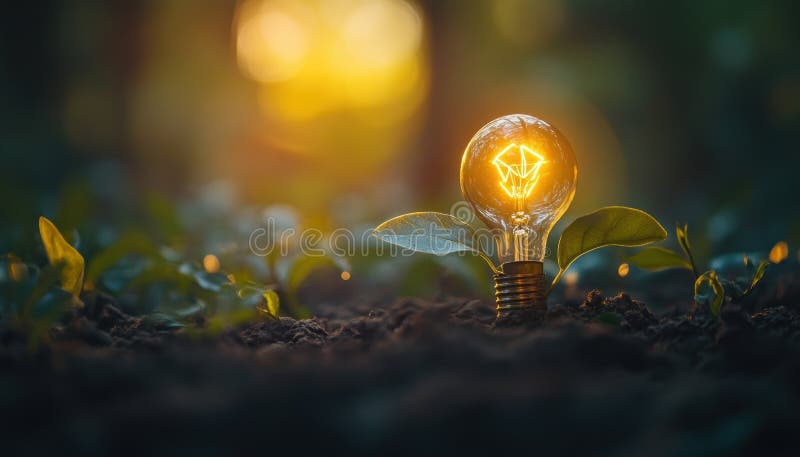 Light Bulb Glowing Sunset Surrounded Green Plants Stock Photos - Free ...
