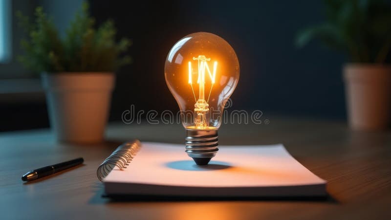 A Glowing Light Bulb Stands on a Notebook in the Room Stock Photo ...