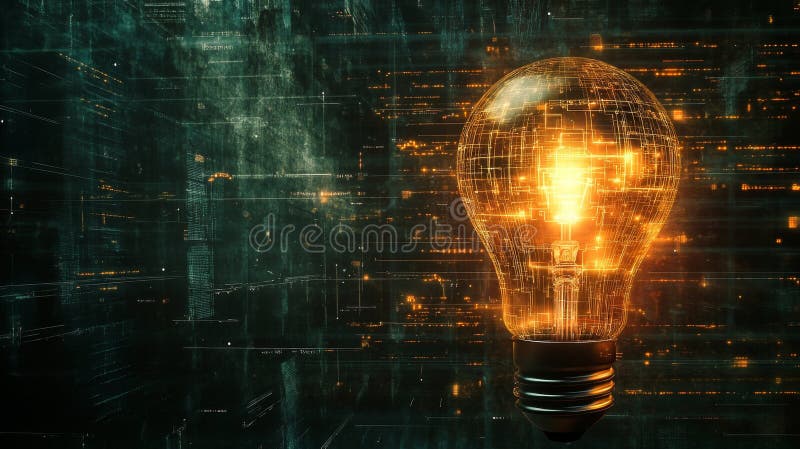 Bright Light Bulb Illuminating Digital Data and Technology Background ...