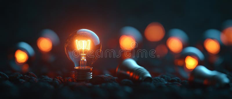 A Glowing Light Bulb Stands Out among Dimly Lit Bulbs, Symbolizing ...