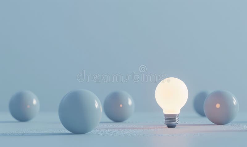 A Glowing Light Bulb Stands Out among Four Gray Spheres on a Calm ...