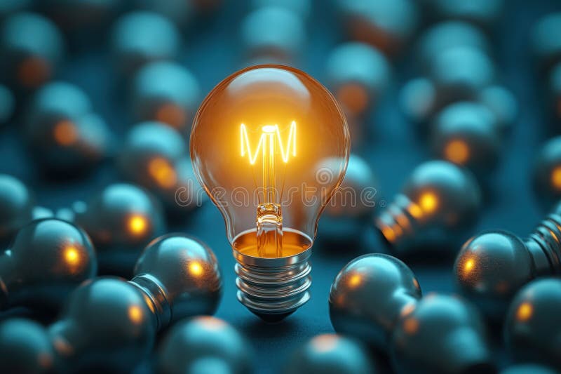 A Glowing Light Bulb Stands Out among Metallic Spheres, Symbolizing ...