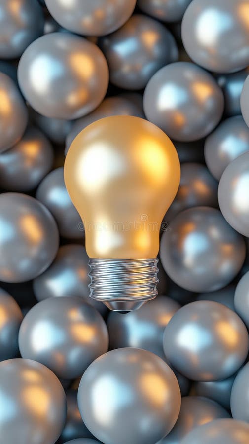 A Glowing Light Bulb Stands Out among Metallic Spheres, Symbolizing ...