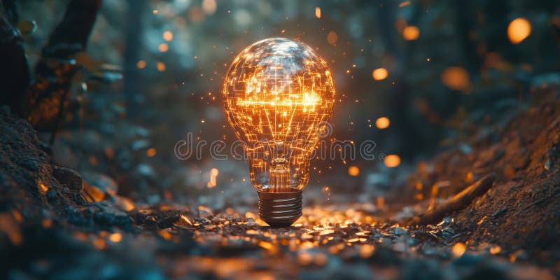 Glowing Light Bulb Surrounded by Sparkling Particles in a Forest ...