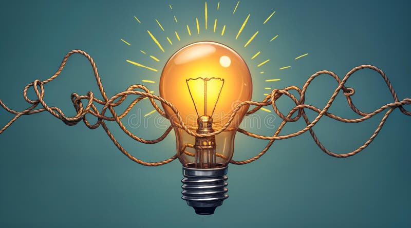 Glowing Light Bulb Surrounded by Tangled Ropes on Teal Background Stock ...