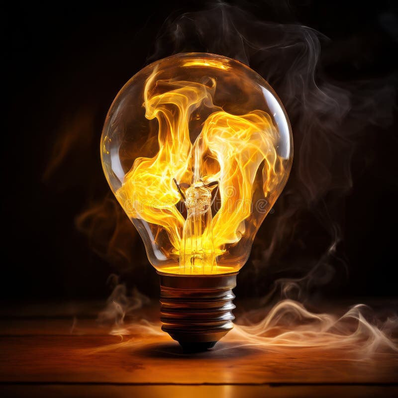 Light Bulb with Fiery Flames Inside on Dark Background Stock Image ...