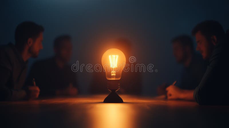 Glowing Light Bulb on Table Surrounded by People in Dimly Lit Room ...