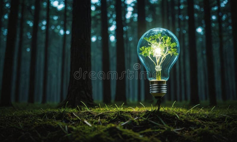 Glowing Light Bulb with Tree Inside Rests on Bed Moss in Dense Forest ...