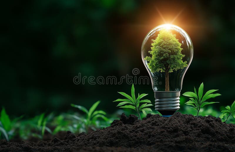 Glowing Light Bulb with Tree Inside Stands on Rich Soil, Symbolizing ...