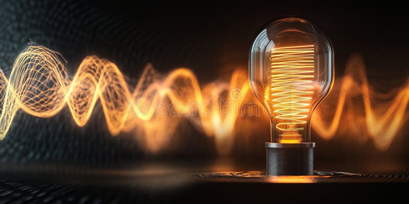 Glowing Light Bulb with Vibrant Filament and Abstract Wave Pattern in ...