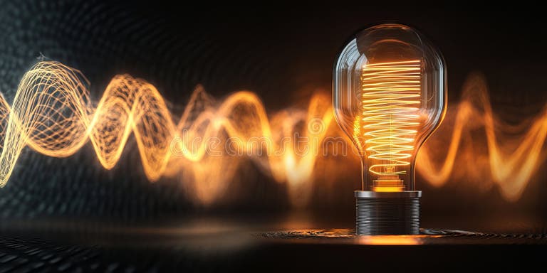 Glowing Light Bulb with Vibrant Filament and Abstract Wave Pattern in ...