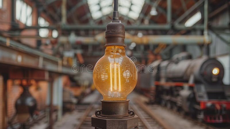 Glowing Light Bulb in Vintage Train Station Setting Stock Illustration ...